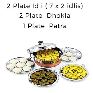 Sophronia Stainless Steel Idli Cooker Multi Kadai Steamer with Copper Bottom All-in-One Big Size 5 Plate 2 Idli | 2 Dhokla | 1 Patra | Momo's | 28.5 cm Dia