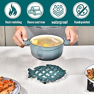 Sungmor Cast Iron Cute Fish Trivet for Wood Stove - Dia-7.5 Inch Dark Green Finish - Rustproof Round Stands for Hot Pots/Dishes/Pans - Decorative Metal Table Trivet for Kitchen Cooking