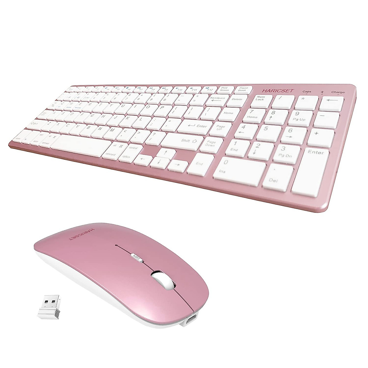 Wireless Keyboard Mouse Combo, Haricset Rechargeable Full-Size Silent Slim Dual-Mode(BT3.0+BT5.0+2.4G) Multi-Device Bluetooth Keyboard Set, 3 Level DPI Mouse,for Windows/Android/Mac OS/iOS (Rose Gold)