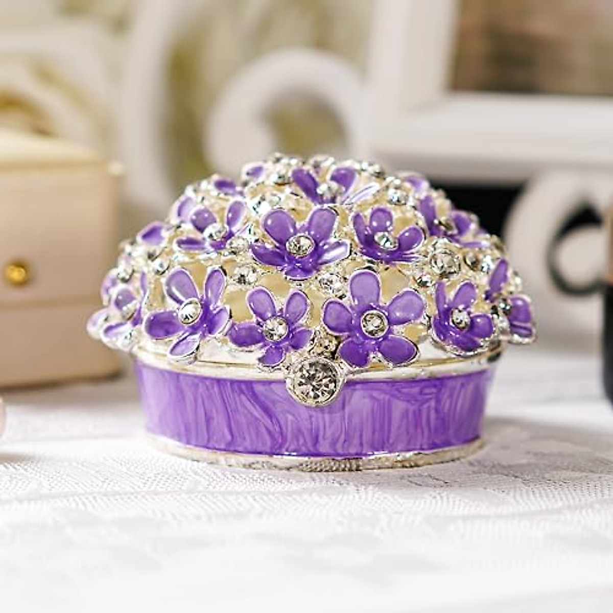 YU FENG 3inch Hinged Trinket Boxes Crystal Jeweled Enameled Purple Forget Me Not Flower Butterfly Trinket Jewelry Box for Women Girls