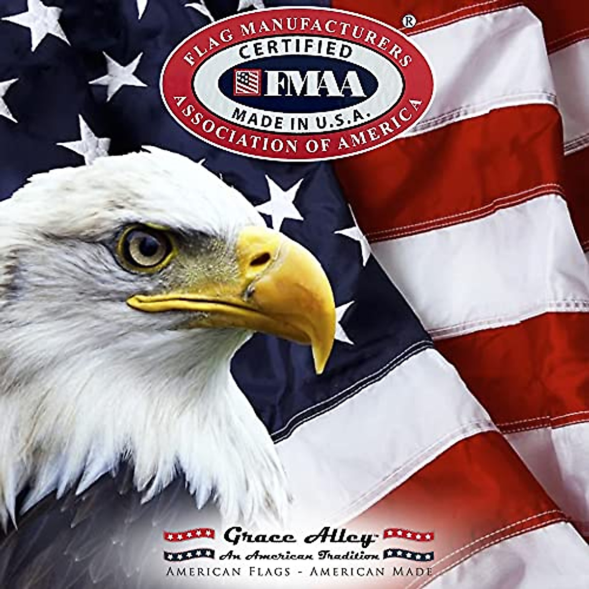 American Flag 3x5 Outdoor by Grace Alley, Embroidered Stars, Sewn Stripes, Heavy Duty, Hand Made and Fade Resistant - Long Lasting Nylon & Brass Grommets for Commercial Grade Durability, 100% Made in USA