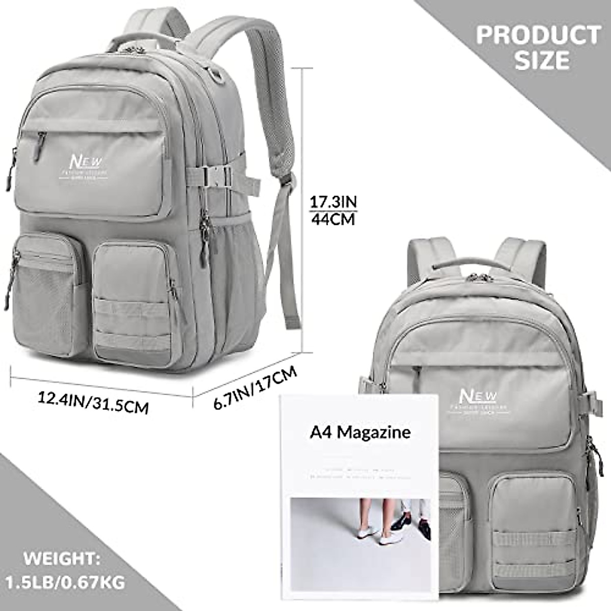 El-fmly Big School Backpack Bookbag for Teen Students, Multi Pockets Water Resistant Casual Daypack with 15.6 inch Laptop pocket for Travel(Grey)
