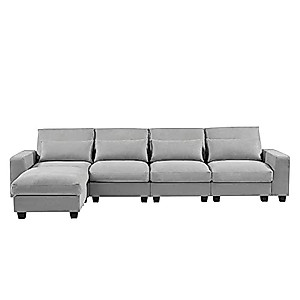 L-Shaped Corner Modular Down Feather Filled Sectional Sofa with 4 Waist Pillows and Movable Ottoman/Chaise, Deep Seat Upholstered Reversible Cushions Couch for Home Office Apartment Living Room Sets