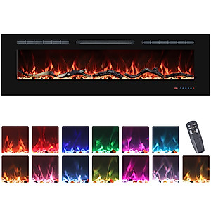 60" Electric Fireplaces Inserts, Recessed & Wall-Mounted Fireplace Heater with Thermostat, Multicolor Flames,Timer, Log & Crystal, 750/1500W