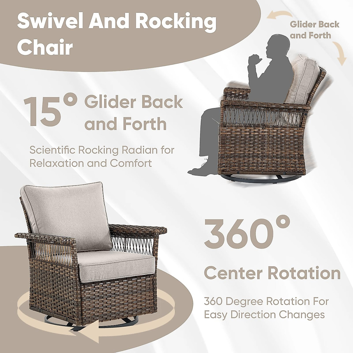 HUMMUH Outdoor Swivel Chairs Set of 2 - Swivel Patio Chairs with 4" Wide Armrest Patio Chairs for Deck Porch Balcony Garden-Brown/Beige