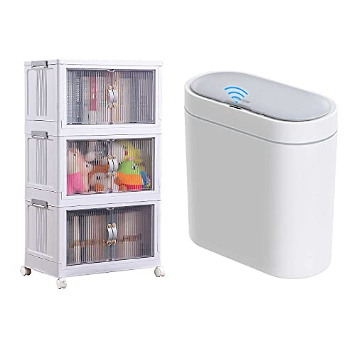 JOYBOS 3 Pack Stackable Storage Bins with Lids and Bathroom Sensor Trash Can