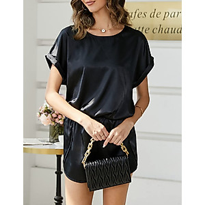 Ekouaer Pajamas Set for Women Short Sleeve Satin Sleep Set Loose Two Piece Silk Sleepwear(Black, Medium)