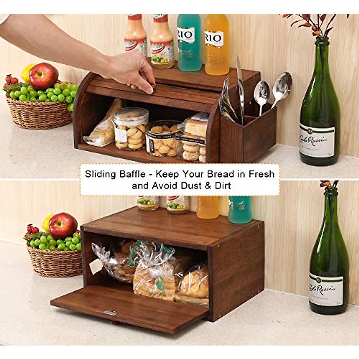 TQVAI Bamboo Bread Box for Kitchen Counter Dobule Layer Roll Top Bread Storage Container with Silverware Basket - Can Use as 2 Individual Bread Bin - Assembly Required, Retro Brown