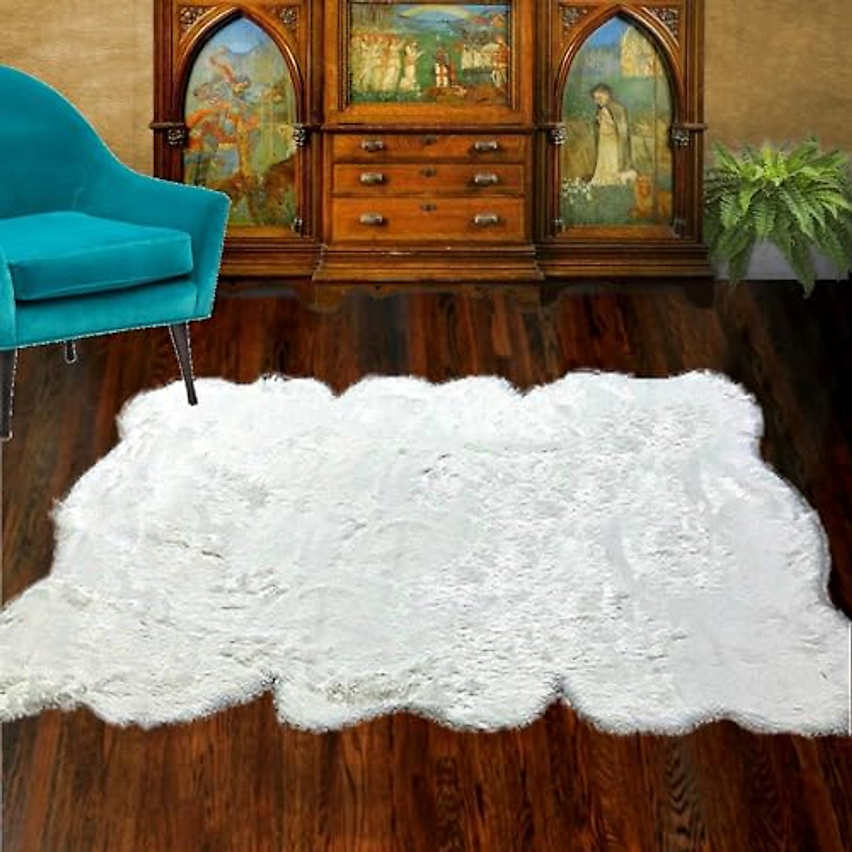 Fur Accents Plush Shag Area Rug - White Faux Fur Sheepskin Rug - Luxury Soft Faux Fur Carpet - Sculpted Edge Rectangle Accent Art Rug 30"x48"
