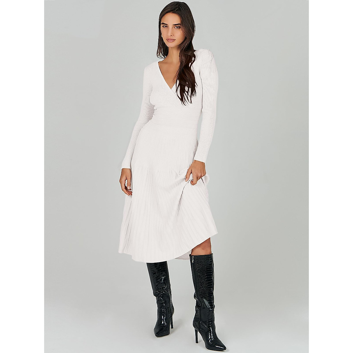 ANRABESS Womens Wrap Midi Sweater Dresses Long Sleeve V Neck Bodycon High Waist Ribbed Knit Pleated A-Line Dress 2024 Trendy X-Large White