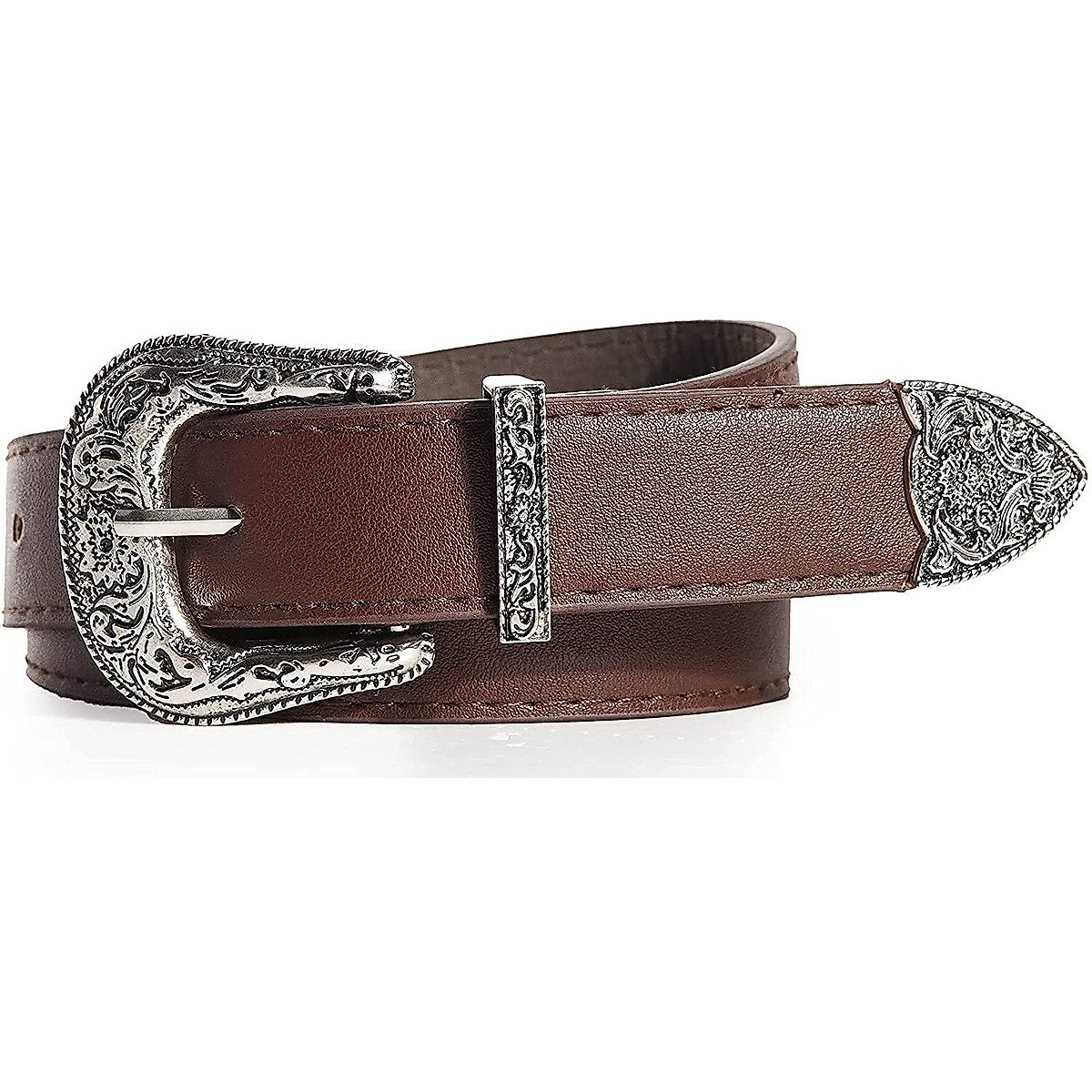 INOGIH Western-Leather-Belts-Women Vintage Waist-Belts with Hollow Out Flower Buckle