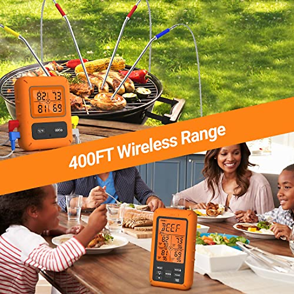 ingstek Wireless Meat Thermometer, Backlight Timer and Temp Alarm Function with 4 Probes Grill Thermometer, 400ft Remote Monitor, for Cooking, BBQ and Smoker