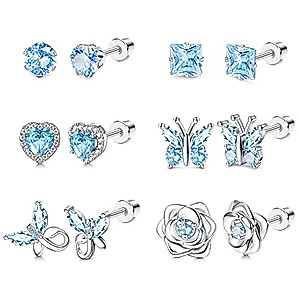 THUNARAZ Hypoallergenic Birthstone Stud Earrings for Women Butterfly Flower Heart CZ Screw Back Earrings Jewelry Gift for Birthday Christmas