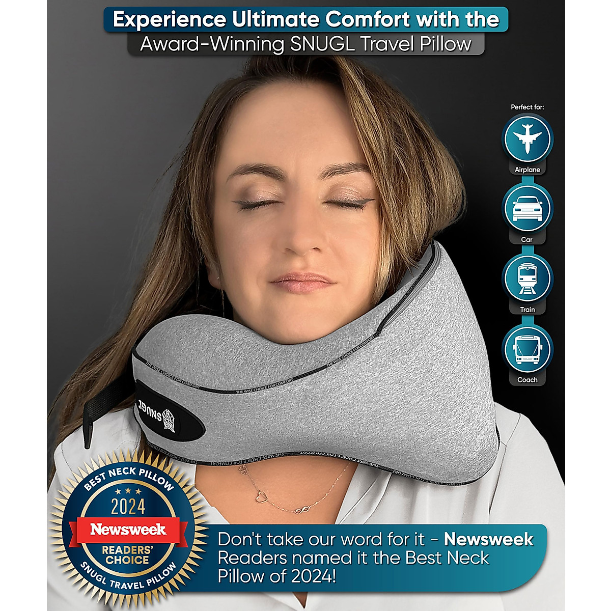 SNUGL Neck Travel Pillow - Memory Foam Airplane Pillow - Flight Pillow | Neck Support Travel Pillow with Carry Bag & Clip | Neck Pillows for Sleeping Travel Plane | Flying Travel Essentials - Grey