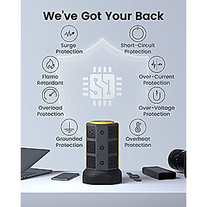 Power Strip Tower, SUPERDANNY Surge Protector Tower with 15W Magnetic Wireless Charger, 1050J, 13A Charging Station with 12 AC Outlets & 6 USB Ports, 6.5ft Extension Cord for Home Office, Gold