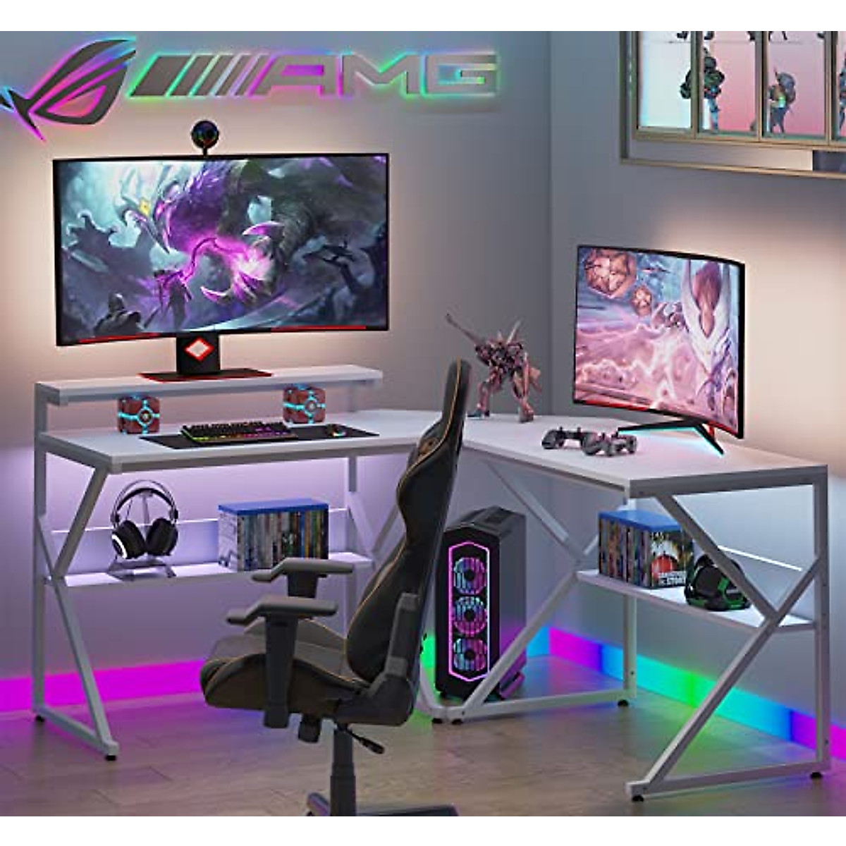 Tribesigns L Shaped Desk with Storage Shelves, 63 inch Industrial Corner Computer Desk with Monitor Stand, Study Writing Table Workstation for Home Office, White