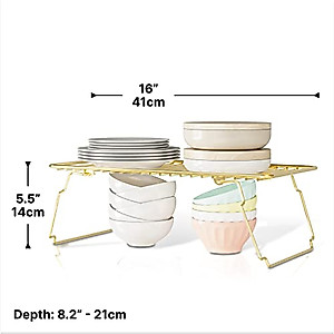 BENOLDY Rustproof Foldable Gold Metal Wire Kitchen Cabinet Storage Rack - Stackable Shelf Organizer for Plates, Dishes, Counters & Pantry Organization