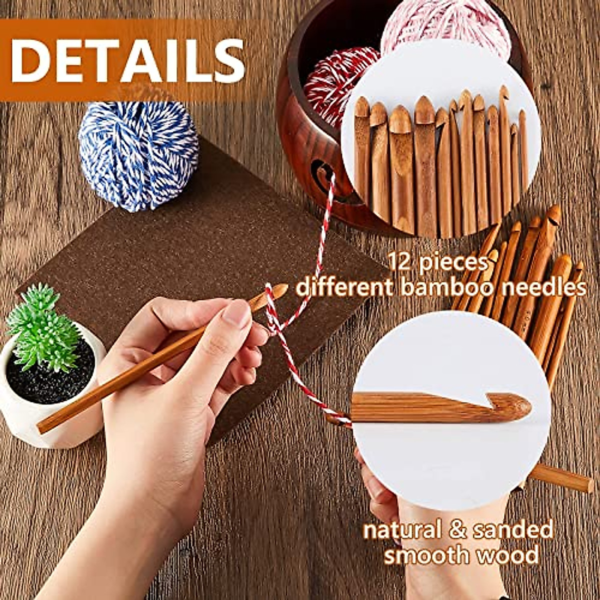 Wooden Yarn Bowl Crocheting Bowl Round Knitting Wool Storage Yarn Bowl Handmade with Holes 12 Pieces Crochet Hooks for Crocheting Knitting DIY Crafts Tools (Dark Brown,6 x 3 x 3 Inch)
