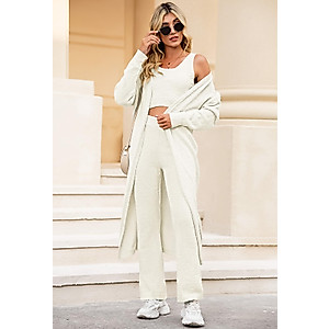Fixmatti Women's Fuzzy 3 Piece Sweatsuit Open Front Cardigan Crop Tank Tops Wide Legs Pants Lounge Sets (Small, 1-White)
