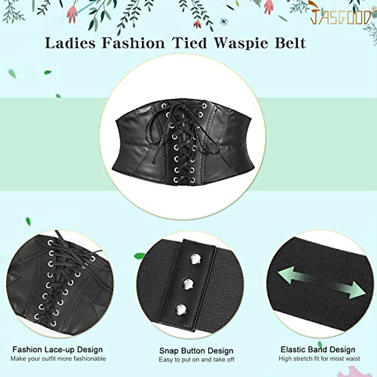 JASGOOD Women Corset Waist Belt Elastic Tied Waspie Belt Wide Lace-up Costume Belt for Dresses(Black, Fit waist size 33''-36'')