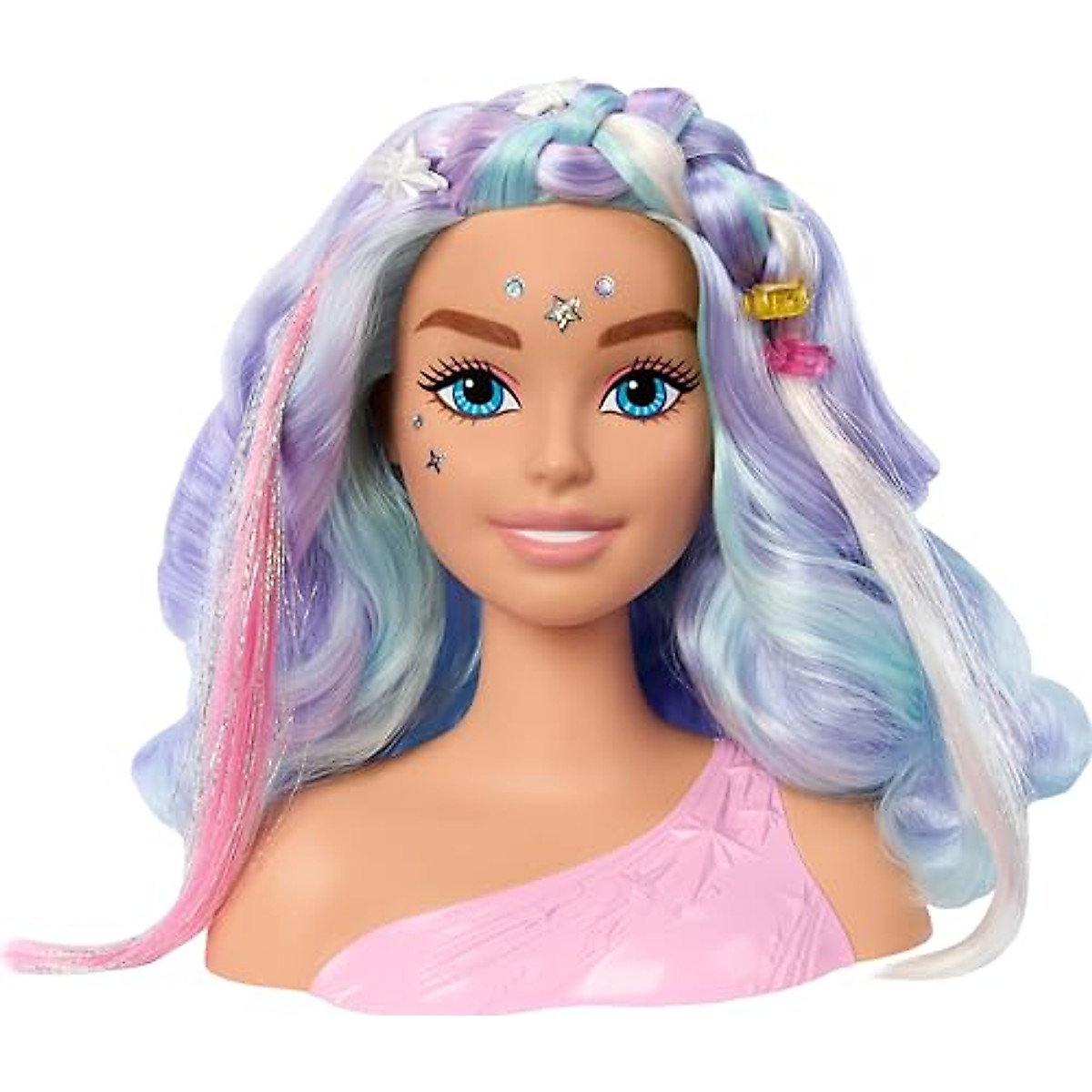 Barbie Doll Head for Hair Styling, Pastel Fantasy Hair with 20 Fairytale-Inspired Accessories Including Shimmer Stickers