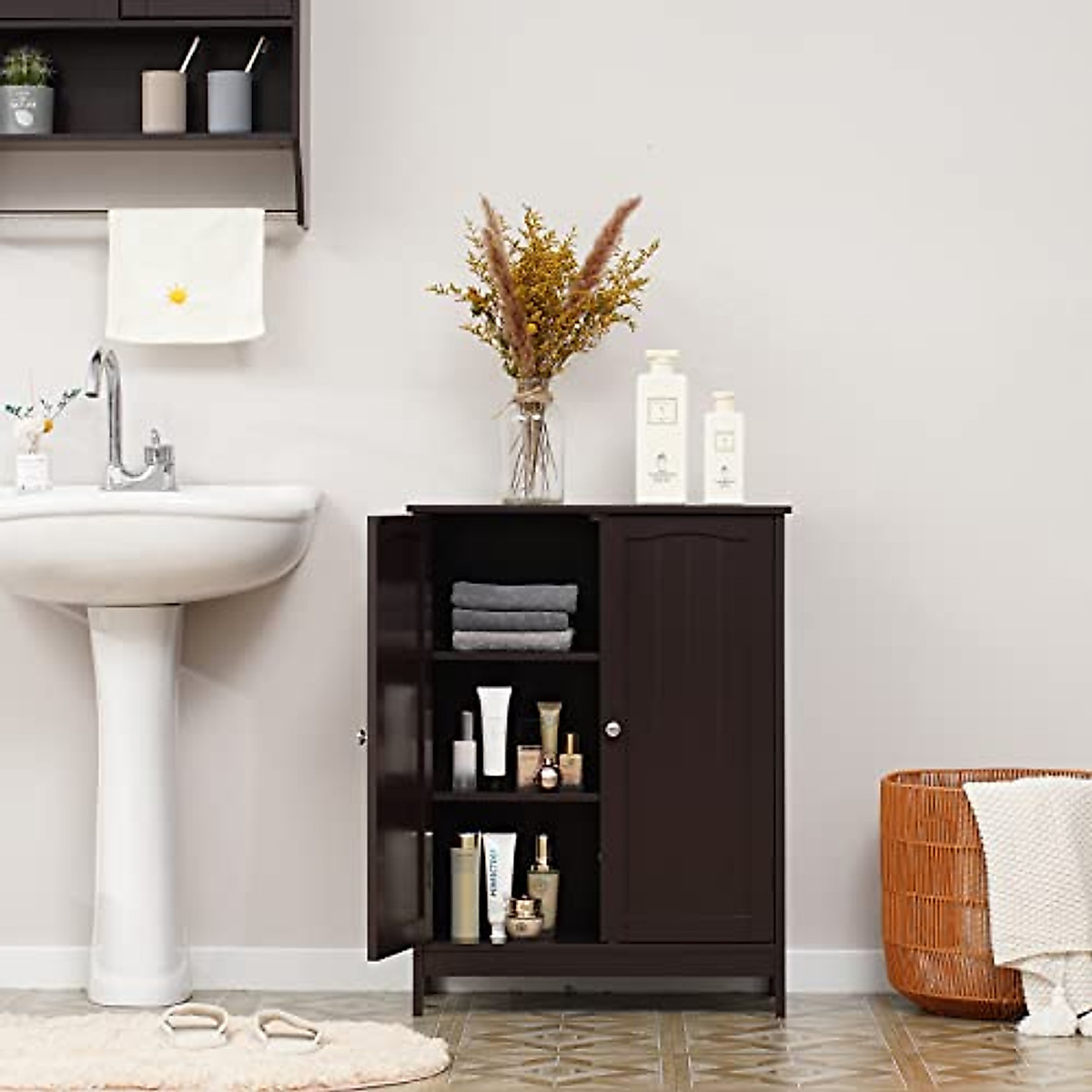 Iwell Bathroom Storage Cabinet, Modern Floor Cabinet with Adjustable Shelves & Double Doors, Freestanding Organizer Cabinet for Living Room, Bathroom, Bedroom, Espresso