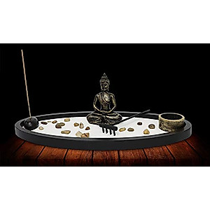 Japanese Zen Garden Kit Home Decor - Buddha Incense Stick Holder Office Desk Accessories - Zen Garden Sand Corner Desk Office Decor - Buddha Statue Table Top - 13.5" x 6.25" x 5"