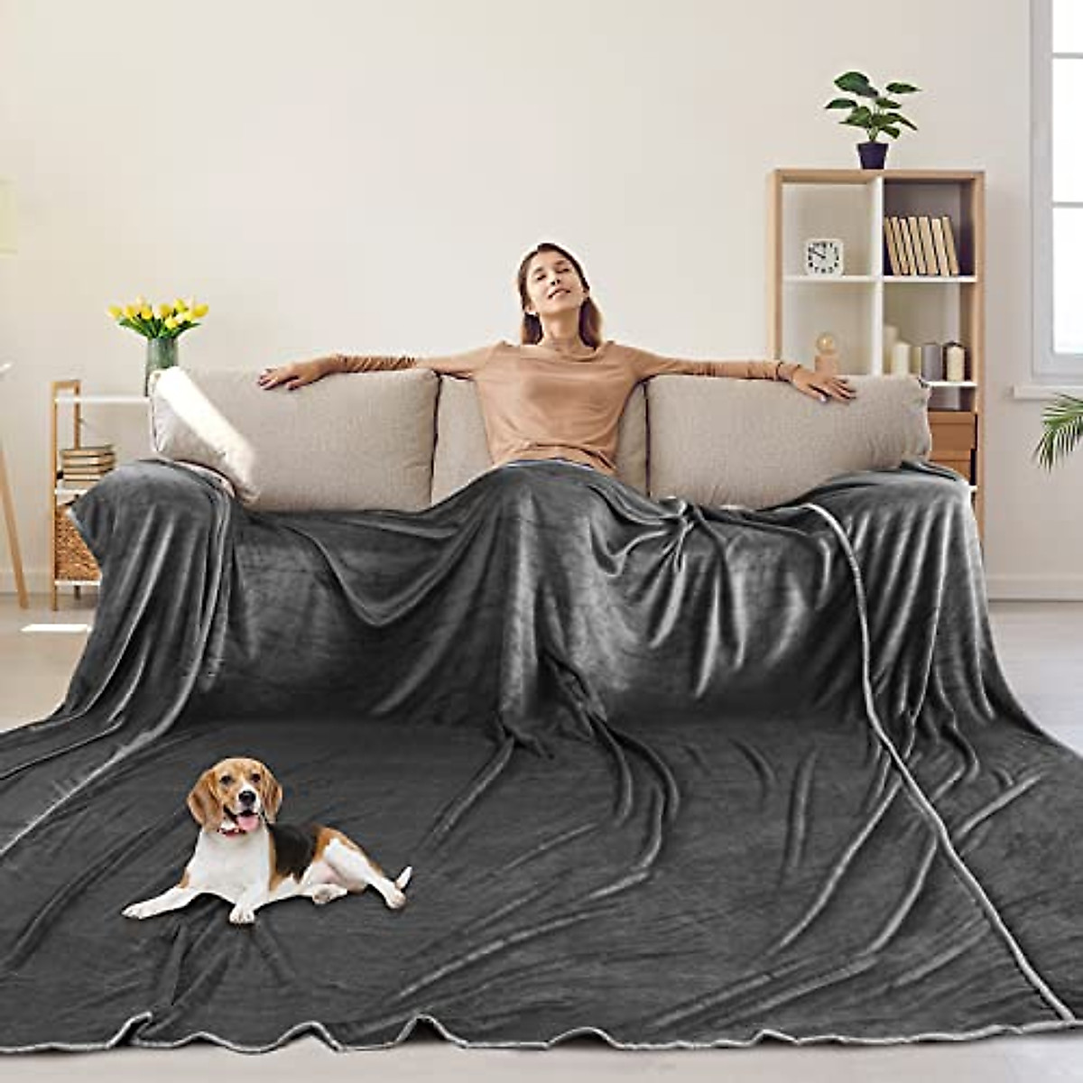 HOMBYS Extra Large 11'x 10' Flannel Throw Blanket, Big Size 128x120 Fuzzy Lightweight Microfiber Bed Blanket for Family and Couples, Oversized Soft & Warm Coffee Giant Blanket for All Season