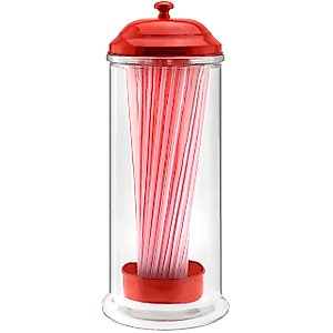 Straw Dispenser with Stainless Steel Lid | Glass Red Straw Holder for Counter with Lid | Drinking Straw Dispensers | Straw Container | Holds Straws up to 8.5 Inches, Red