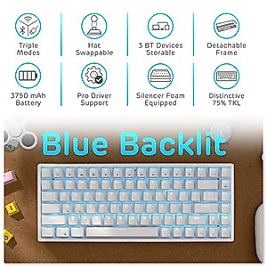 RK ROYAL KLUDGE RK84 Wireless Blue Backlit 75% Triple Mode BT5.0/2.4G/USB-C Hot Swappable Mechanical Keyboard, 84 Keys Tenkeyless Mechanical Keyboard w/Programmable Software, Blue Switch