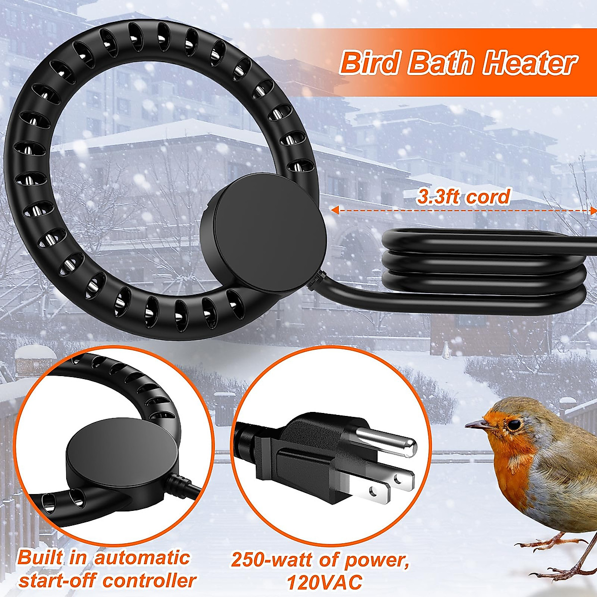 lollyes 250W Bird Bath Heater, Heated Bird Baths for Outdoor in Winter, Bird Bath De-icer with Thermostatically Controlled and 3.3Ft Cord, with Auto Shut Off Function, Ideal Gift for Birds