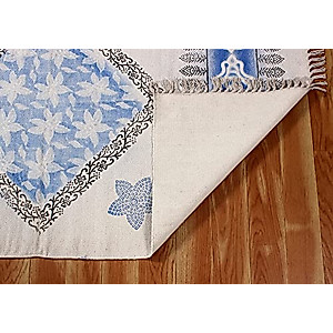 Casavani Hand Block Printed Cotton Dhurrie Geometric Blue & Beige Tassel Rug Easy Care Washable Rugs for Doormat Entryway Living Room Bedroom Hallway Balcony 4x8 Feet