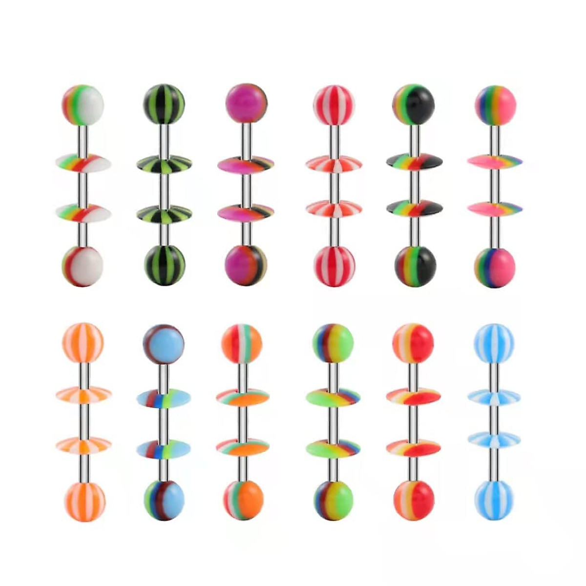 Memsion 316L Surgical Stainless Steel Tongue rings 14G Hypoallergenic Tongue Ring Acrylic Nipple Barbell Tongue Piercing Pack 12pcs Mix Colors Tongue Piercing Jewelry for Women Men