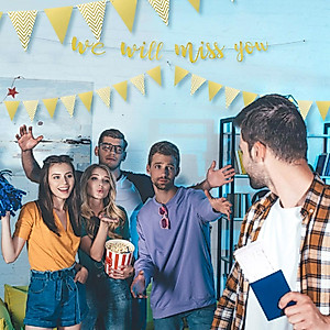 We Will Miss You Banner Gold Glitter Graduation Banner and Triangle Flag Banner for Retirement Farewell Office Going Away Work Party Decorations