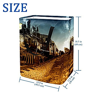 Vintage Train Steam Locomotive Laundry Basket Large Cloth Organizer Bag Basket Foldable Laundry Hamper with Handles