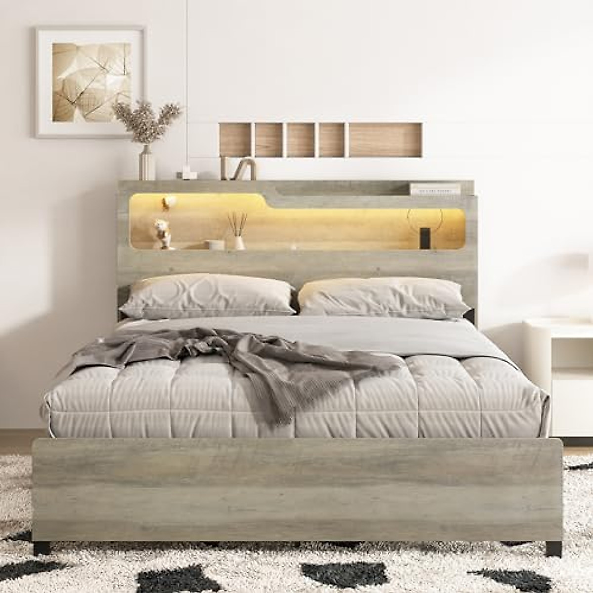 Fameill Full Size Bed Frame with 2-Tier Headboard, Metal Platform Bed Frame RGB Led Lights with Charging Station, No Box Spring Needed, Noise Free
