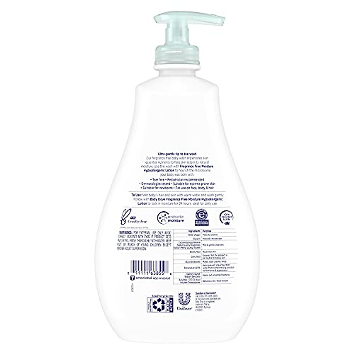 Baby Dove Sensitive Skin Care Baby Wash For Bath Time, Moisture Fragrance Free and Hypoallergenic, Washes Away Bacteria 20 oz