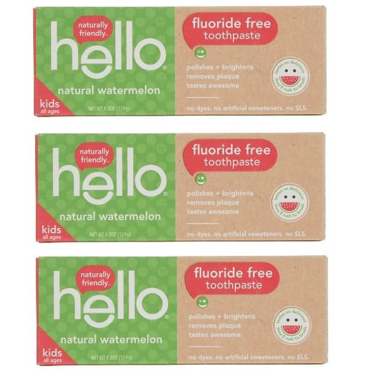 Hello Oral Care Kids Fluoride Free Toothpaste Natural Watermelon 4.2 Oz (Pack of 3)