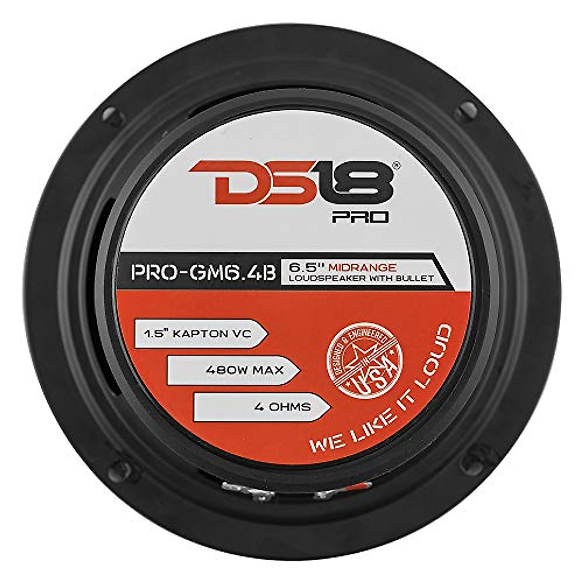 DS18 PRO-GM6.4B Loudspeaker - 6.5", Midrange, Red Aluminum Bullet, 480W Max, 4 Ohms,1.5" Kapton VC Premium Quality Audio Door Speakers for Car or Truck Stereo Sound System (1 Speaker)