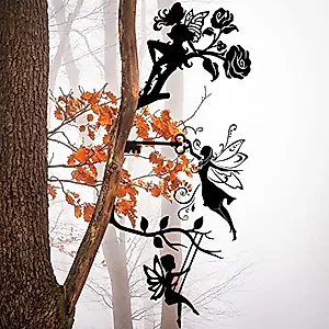 Hotop 3 Pieces Fairy Silhouette Statue Metal Fairy Branch Decoration Steel Fairy Metal Craft Outdoor Garden Butterfly Flower Decor Branch Tree Metal Art for Indoor Outdoor Home Yard Patio Lawn