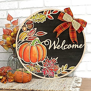CHDITB Fall Decoration 3D Welcome Front Door Sign Home Decor(11.4”x11.4”), Pumpkin Welcome Sign with Maple Leaves Hazelnuts Plaid Bow, Thanksgiving Farmhouse Wreath for Front Door Porch Outdoor