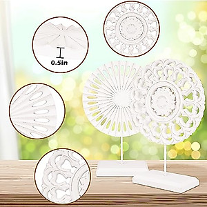 AXEARTE Wooden Carved Cutout Sector Medallion Sculpture 2 Pack, Rustic Distressed White MDF Statues Home Tabletop Decor, Decorative Ornaments for Living Room, Bedroom, Office Desktop, Cabinets