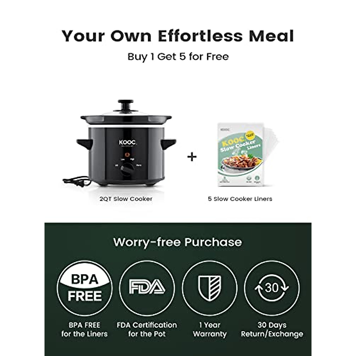 KOOC Small Slow Cooker, 2-Quart, Free Liners Included for Easy Clean-up, Upgraded Ceramic Pot, Adjustable Temp, Nutrient Loss Reduction, Stainless Steel, Black, Round…