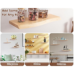 Decent Vrvege Wall Mounted Floating Shelves with Live Edge Design, Irregular Rectangle Wall Decoration Shelf Set of 3, Solid Oak Wood Wall Display Organizer, Home Wall Storage Decor Shelve