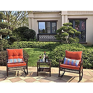 DECMICO Outdoor Rocking Chairs 3 Pieces Patio Conversation Front Porch Furniture, Wicker Rocking Chairs Bistro Set with Glass Coffee Table and Cushions for Garden and Balcony…