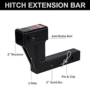 REYSUN 864123 Trailer Hitch Riser 6 inch Rise/Drop for 2 inch Receiver Hitch Extension, Solid Shank, Hitch Pin Kit Included