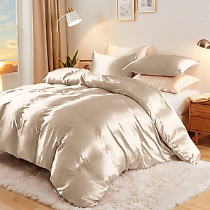 Vonty 3-Piece Silky Satin Duvet Cover Set Full/Queen Size Duvet Cover, Organic Natural 400TC Beige Duvet Cover Set - Luxury & Sexy Bedding Duvet Covers with Zipper Closure(No Comforter)