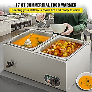 Commercial Food Warmer 850W Electric Steam Table 17 Qt Bain Marie - Stainless Steel for Buffet Catering