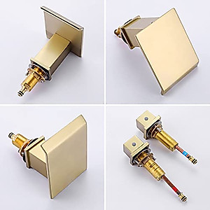 TapLong Solid Brass Modern Waterfall Bathroom Basin Faucet 3 Holes 2 Square Handles Brushed Gold Sink Faucet