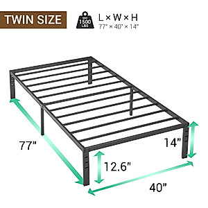 fusehome Bed Frame Twin Size,14 Inch Metal Platform Bed Frame, Storage Space Under Bed, Mattress Foundation with Heavy Duty Steel Slat Support, No Box Spring Needed Easy Assembly, Black